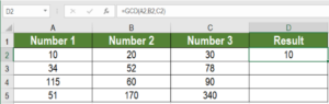 How to use the Excel GCD function to get the greatest common divisor