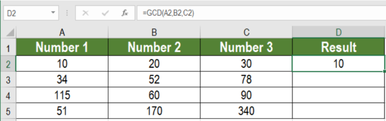How to use the Excel GCD function to get the greatest common divisor