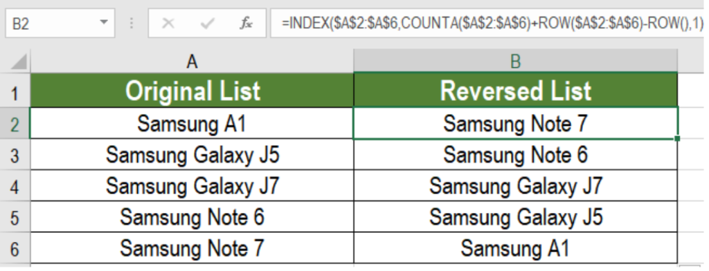 Excel formula: Reverse a list or range