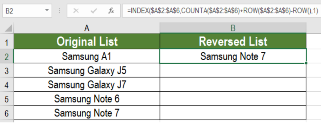 Excel formula: Reverse a list or range