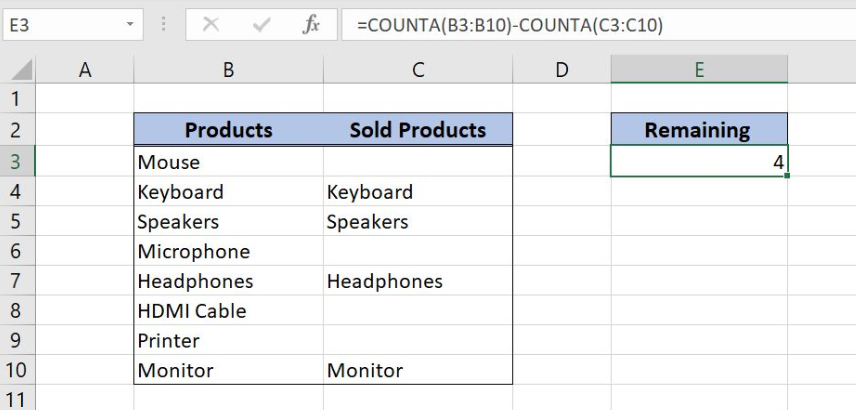 Excel formula: Count sold and remaining - Excelchat