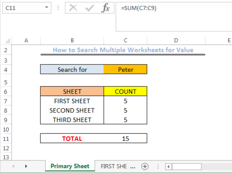 Excel formula: Search multiple worksheets for value