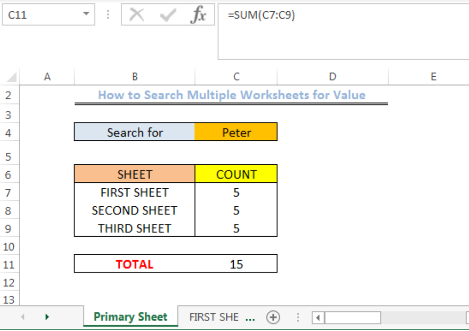 Excel formula: Search multiple worksheets for value
