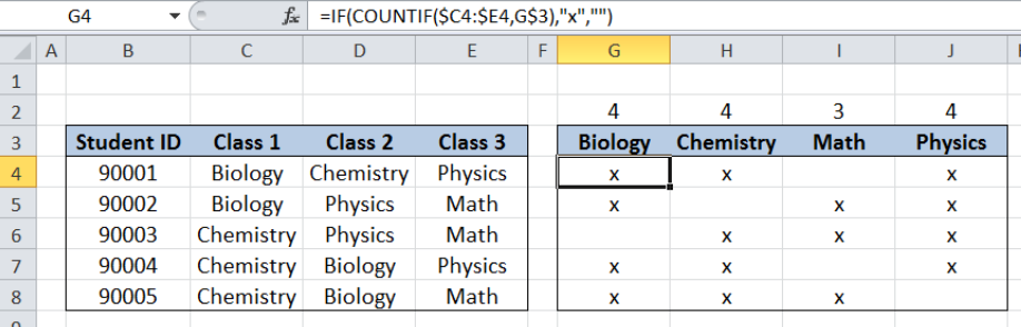 Excel Formula: How to do students class enrollment with table - Excelchat