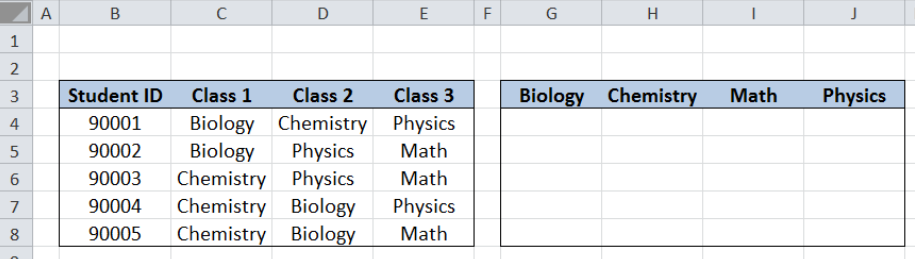 Excel Formula: How to do students class enrollment with table - Excelchat