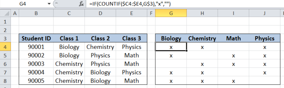 Excel Formula: How to do students class enrollment with table - Excelchat