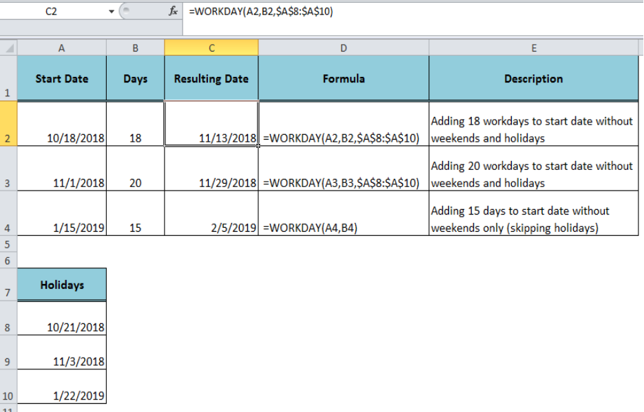 Excel formula: Add workdays no weekends