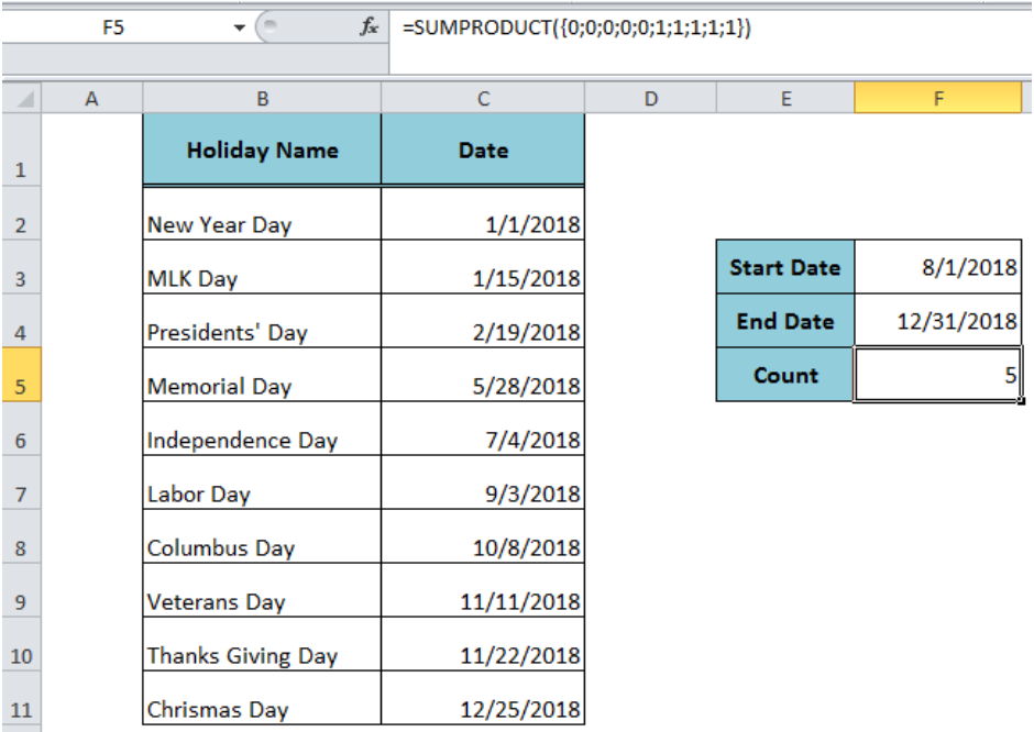 Excel formula: Count holidays between two dates