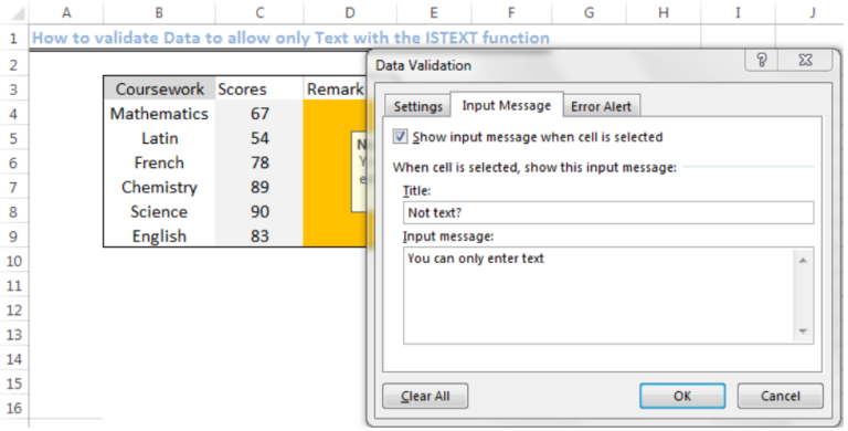 Excel formula: Data validation allow text only