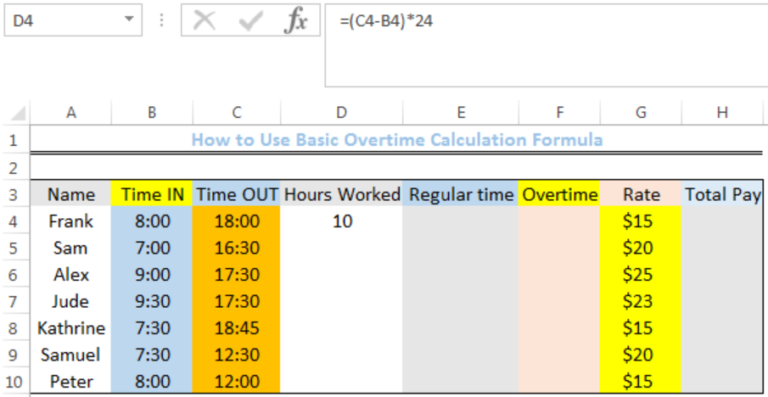 Excel formula: Basic overtime calculation formula