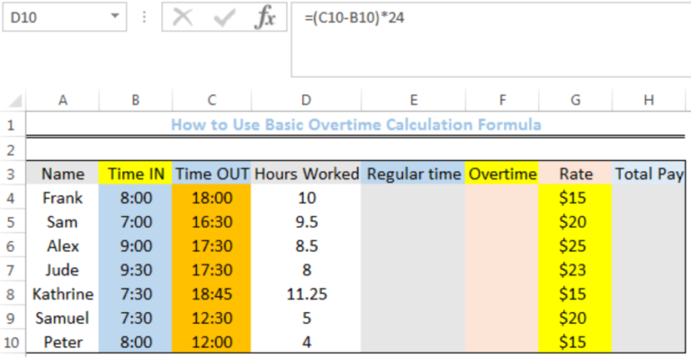 Excel formula: Basic overtime calculation formula