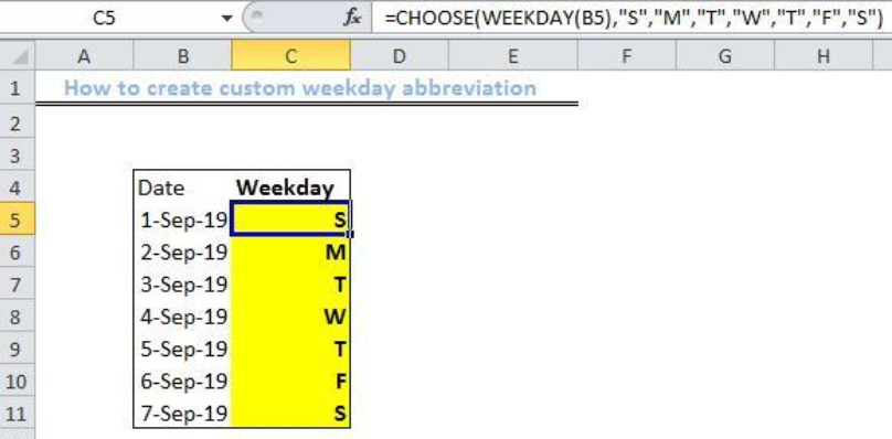 Excel formula: Custom weekday abbreviation - Excelchat