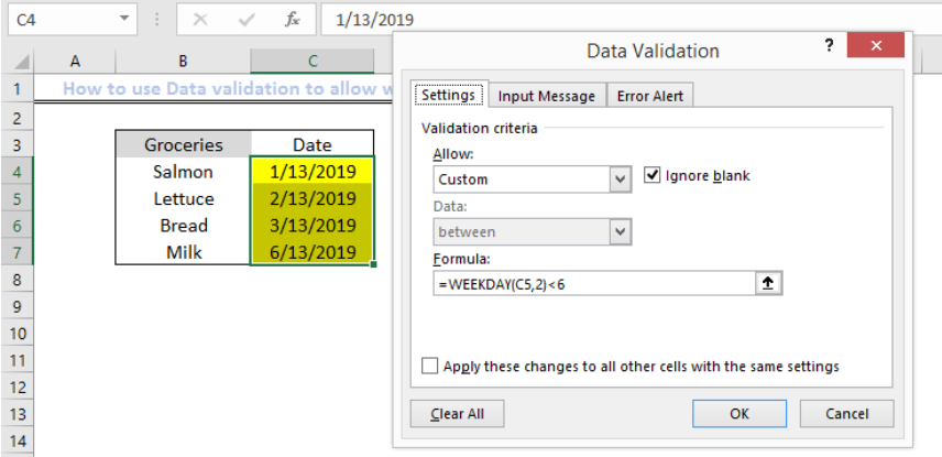 Excel formula: Data validation allow weekday only -Excelchat