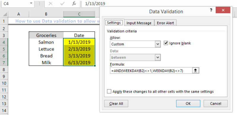 Excel formula: Data validation allow weekday only -Excelchat