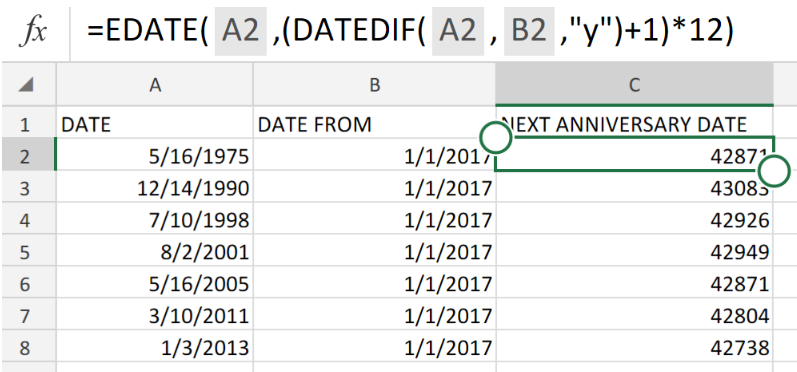 Excel formula: Next anniversary date
