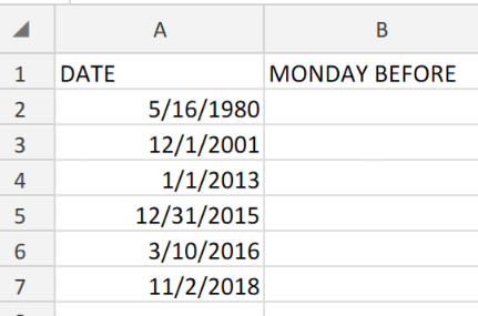 Excel formula: Get first Monday before any date