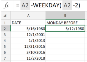 Excel formula: Get first Monday before any date