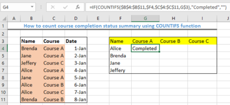 Excel formula: Course completion status summary - Excelchat
