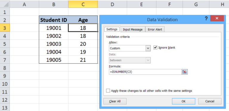 Excel formula: Data validation allow numbers only