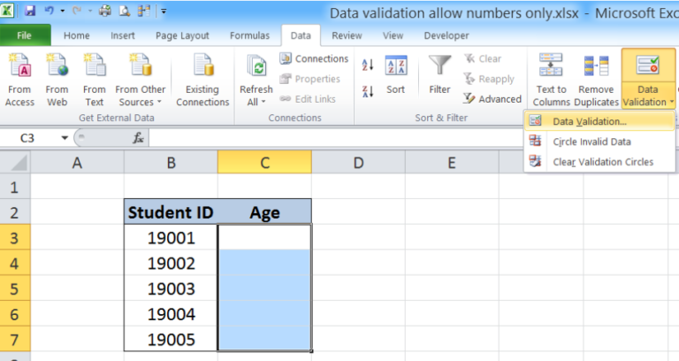 Excel formula: Data validation allow numbers only