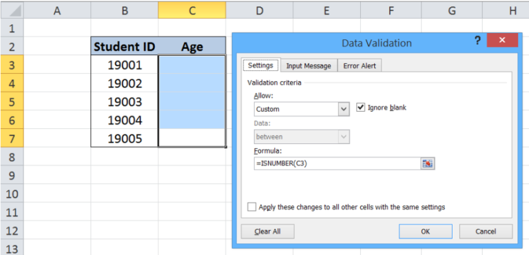 Excel formula: Data validation allow numbers only