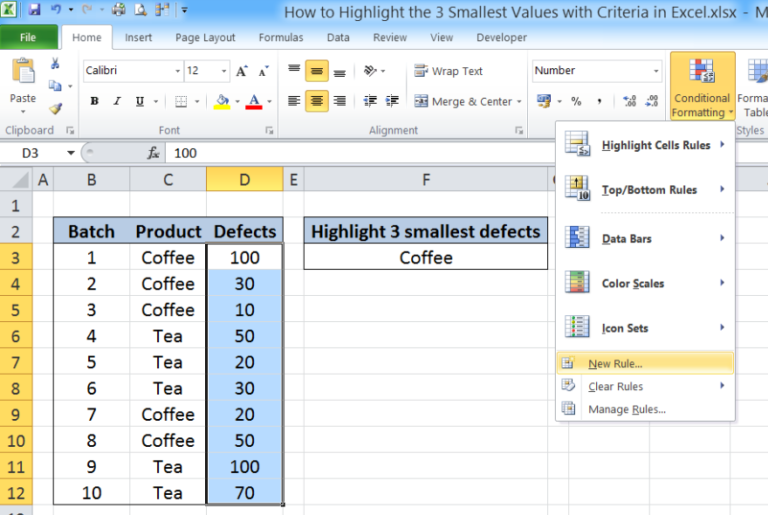 Excel formula: Highlight 3 smallest values with criteria