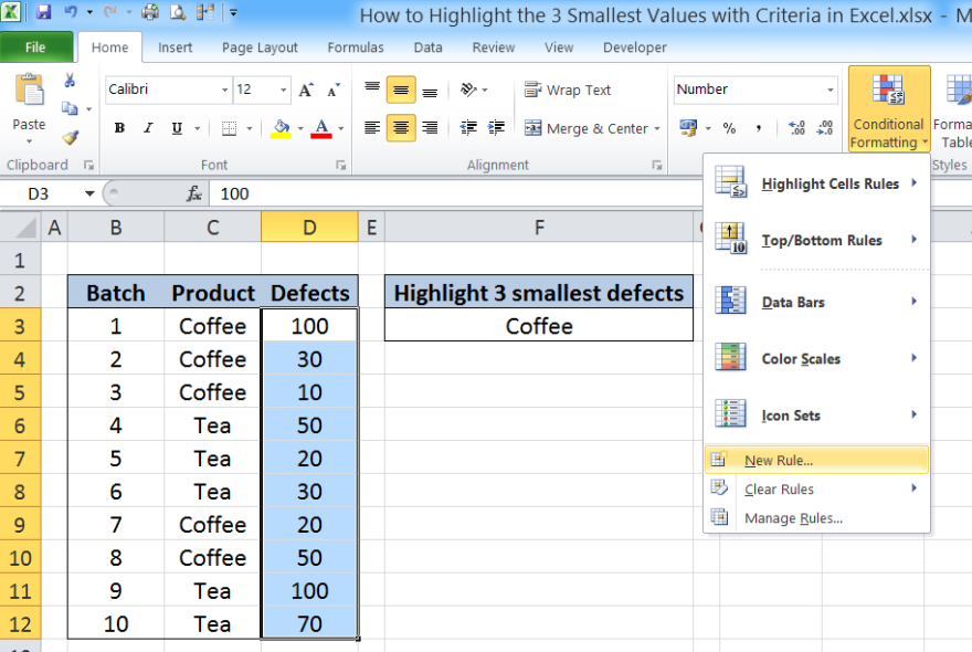 Excel formula: Highlight 3 smallest values with criteria