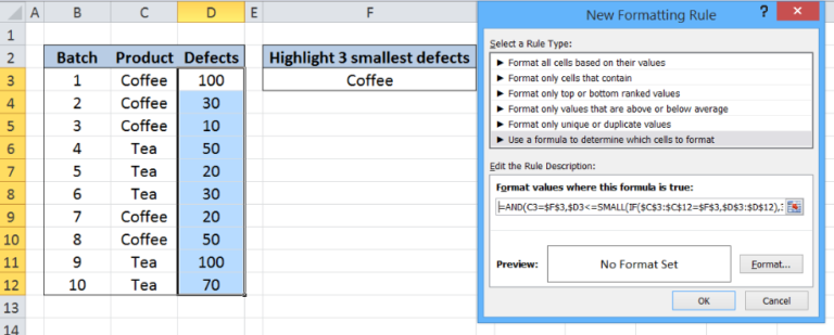 Excel formula: Highlight 3 smallest values with criteria