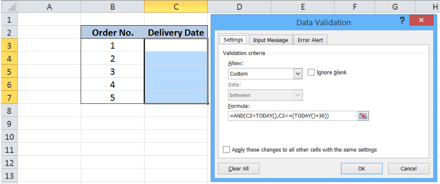 Excel formula: Data validation date in next 30 days