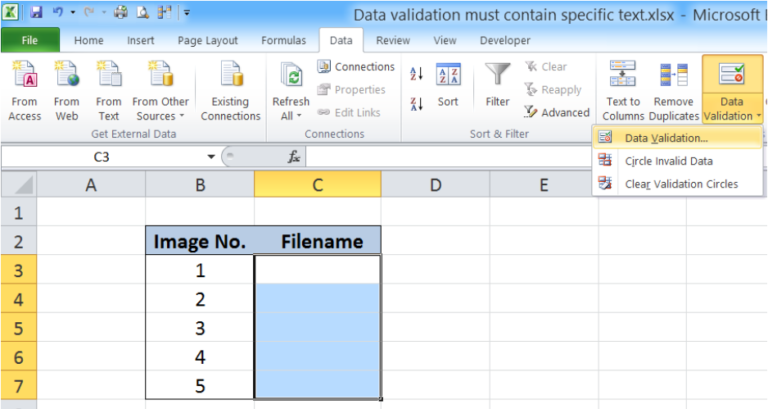 Excel formula: Data validation must contain specific text