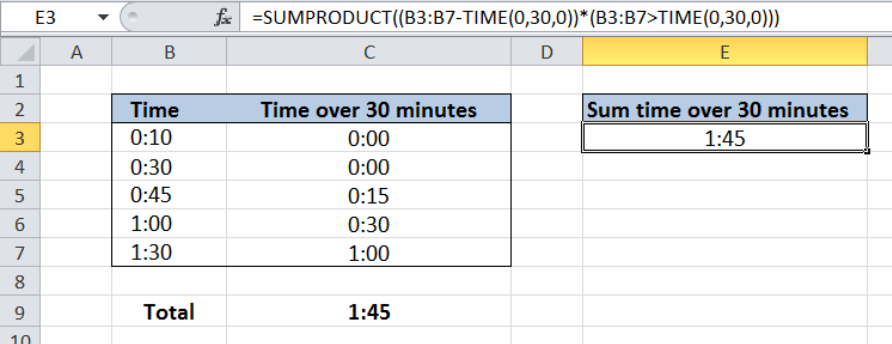 Excel formula: Sum time over 30 minutes - Excelchat