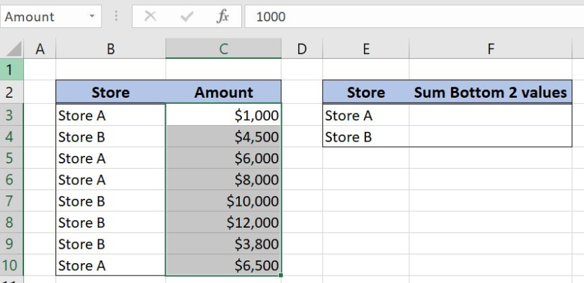 Excel formula: Sum bottom n values with criteria with SUM function