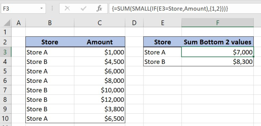 Excel formula: Sum bottom n values with criteria with SUM function