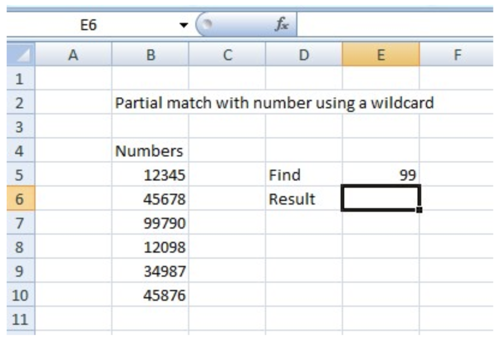 Excel formula: Partial match against numbers with wildcard