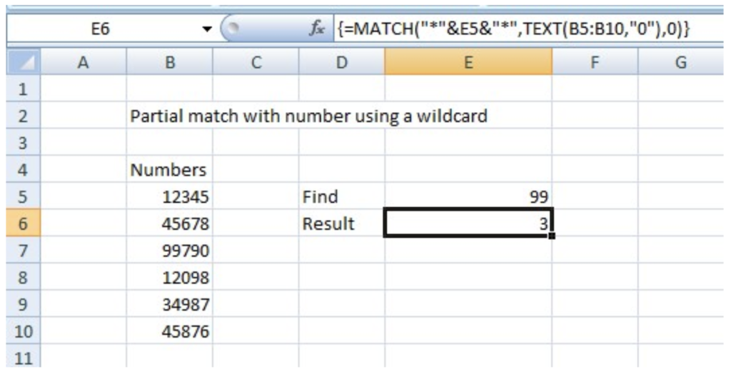 Excel formula: Partial match against numbers with wildcard