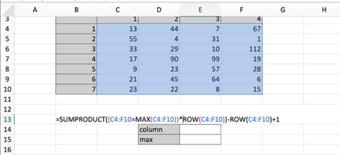 Excel formula: Get location of value in 2D array