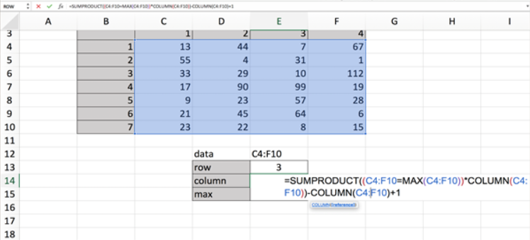 Excel formula: Get location of value in 2D array