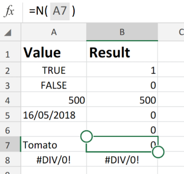How to use the Excel N function to convert a value to a number