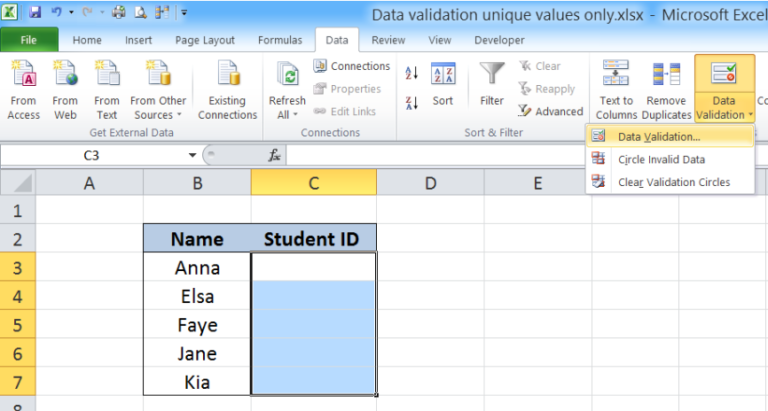 Excel Formula Data Validation Unique Values Only