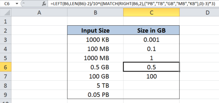 Excel formula: Normalize size units to Gigabytes