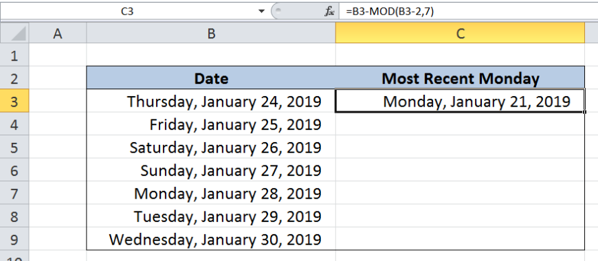 Excel formula: Get most recent day of week use MOD function