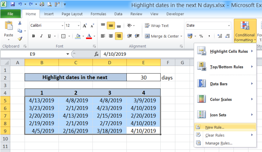 How to highlight dates in the next N days in Excel