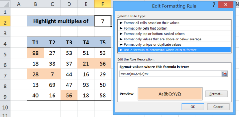 Excel formula: Highlight multiples of specific value uses MOD function