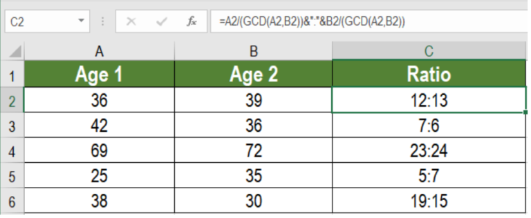 Excel formula: Calculate a ratio from two numbers
