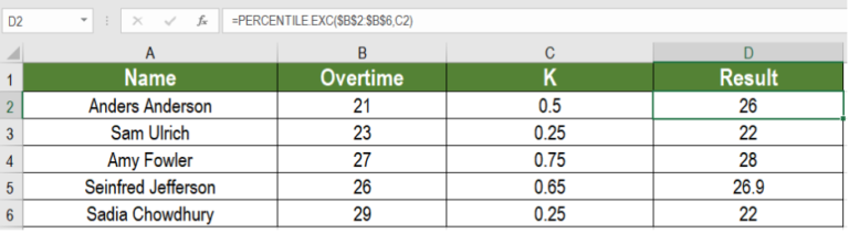 How to use the Excel PERCENTILE.EXC function to get kth percentile