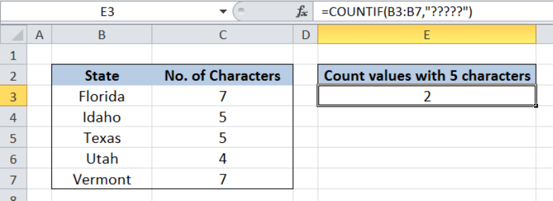 Excel formula: Count cells that contain five characters