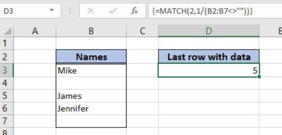 Excel formula: Last row in mixed data with blanks