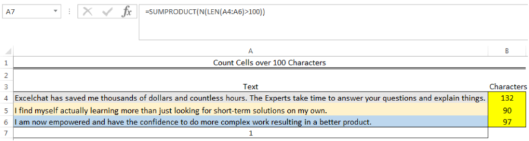 Excel formula: Count cells over 100 characters - Excelchat