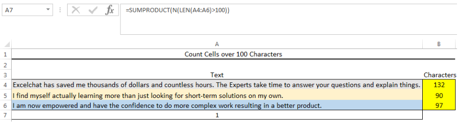 Excel formula: Count cells over 100 characters - Excelchat