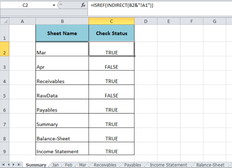 Excel formula: Worksheet name exists